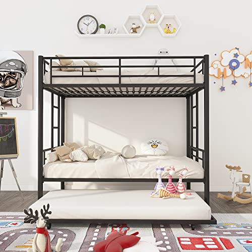 OYN Twin Over Twin Metal Bunk Bed Frame with Trundle and 2 Ladders, Black (New Upgrade Reinforcement Version)