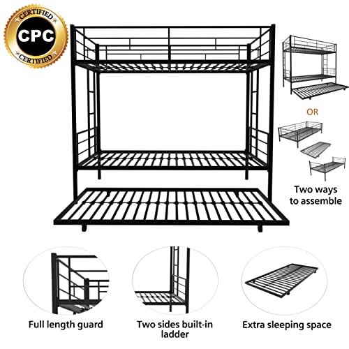 OYN Twin Over Twin Metal Bunk Bed Frame with Trundle and 2 Ladders, Black (New Upgrade Reinforcement Version)