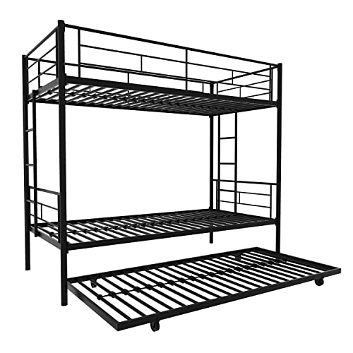 OYN Twin Over Twin Metal Bunk Bed Frame with Trundle and 2 Ladders, Black (New Upgrade Reinforcement Version)