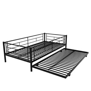 OYN Twin Over Twin Metal Bunk Bed Frame with Trundle and 2 Ladders, Black (New Upgrade Reinforcement Version)