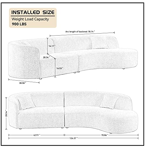 WILLIAMSPACE 126" Luxury Modern Style Curved Sofa, Upholstery Boucle Sofa Couch with 2 Pillows, Right Hand Facing Sectional Boucle Fabric Couch for Living Room (Right-Facing,Light Cream)