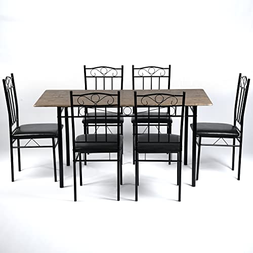 FurnitureR 7-Piece Dining Table Set for Home Kitchen Small Space, Breakfast Nook with 6 Chairs, Retro Brown PU Seat Metal Leg