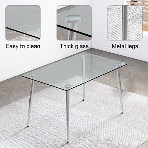 Glass Dining Table for 4 with 51 inch Clear Rectangular Glass Top, 0.31" Modern Tempered Glass Kitchen Table Furniture with 4 Silver Plating Metal Legs for Home Office Living Room