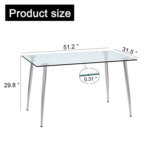 Glass Dining Table for 4 with 51 inch Clear Rectangular Glass Top, 0.31" Modern Tempered Glass Kitchen Table Furniture with 4 Silver Plating Metal Legs for Home Office Living Room