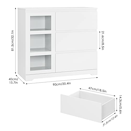 FOTOSOK Modern 3 Drawer Dresser, White Dresser Wide Chest of Dresser with Glass Door & 3 Drawers, Storage Drawer Cabinet for Living Room Hallway