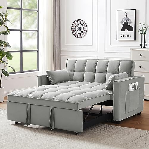 Velvet Pull Out Sleeper Sofa Bed, Convertible Futon Couch Bed with Adjustable Backrests, 3 in 1 Modern Loveseat with 2 Pockets and Pillows, Small Love Seat for Living Room, Guest Room, Teal Grey