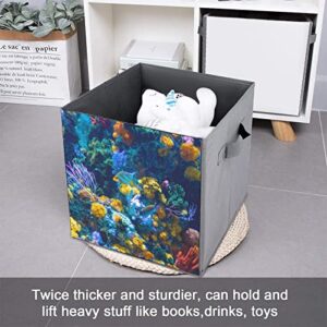 Ocean World Tropical Fish PU Leather Collapsible Storage Bins Canvas Cube Organizer Basket with Handles