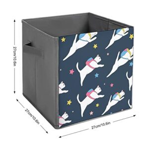 Space with Colored Backpacks Cats PU Leather Collapsible Storage Bins Canvas Cube Organizer Basket with Handles