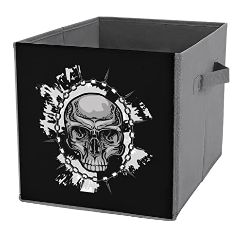 Skull Chain PU Leather Collapsible Storage Bins Canvas Cube Organizer Basket with Handles