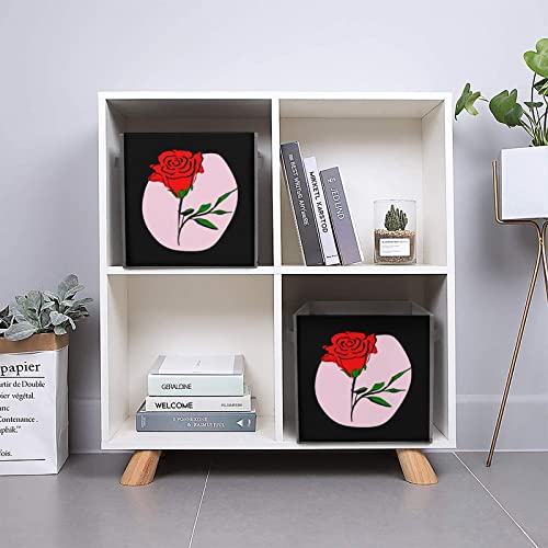 Rose PU Leather Collapsible Storage Bins Canvas Cube Organizer Basket with Handles