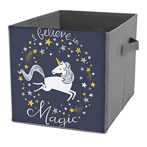 Cute Unicorn PU Leather Collapsible Storage Bins Canvas Cube Organizer Basket with Handles