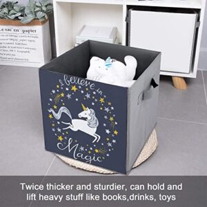 Cute Unicorn PU Leather Collapsible Storage Bins Canvas Cube Organizer Basket with Handles