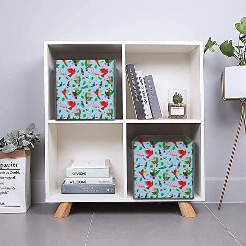 Tropical Birds Jungle Summer PU Leather Collapsible Storage Bins Canvas Cube Organizer Basket with Handles