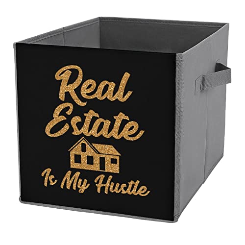 Real Estate is My Hustle PU Leather Collapsible Storage Bins Canvas Cube Organizer Basket with Handles