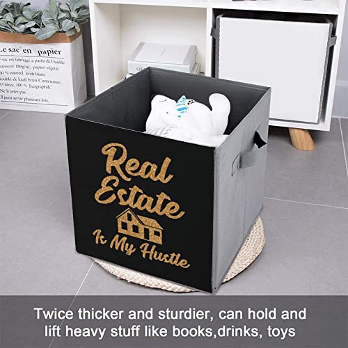 Real Estate is My Hustle PU Leather Collapsible Storage Bins Canvas Cube Organizer Basket with Handles