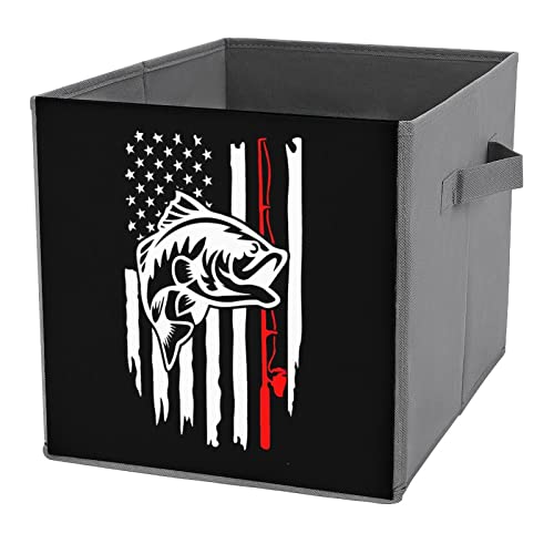 Distressed Fishing USA Flag PU Leather Collapsible Storage Bins Canvas Cube Organizer Basket with Handles