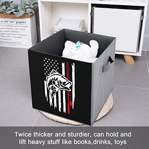 Distressed Fishing USA Flag PU Leather Collapsible Storage Bins Canvas Cube Organizer Basket with Handles