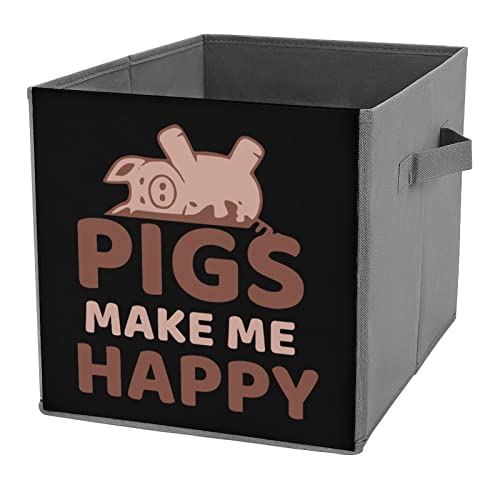 Pigs Make Me Happy PU Leather Collapsible Storage Bins Canvas Cube Organizer Basket with Handles