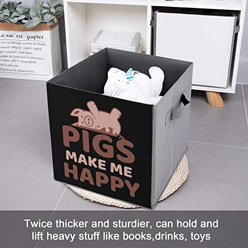 Pigs Make Me Happy PU Leather Collapsible Storage Bins Canvas Cube Organizer Basket with Handles