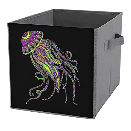 Electric Octopus PU Leather Collapsible Storage Bins Canvas Cube Organizer Basket with Handles