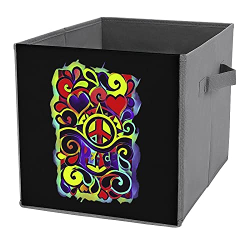 Hippy Art Peace Sign PU Leather Collapsible Storage Bins Canvas Cube Organizer Basket with Handles