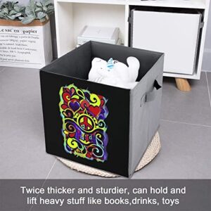 Hippy Art Peace Sign PU Leather Collapsible Storage Bins Canvas Cube Organizer Basket with Handles