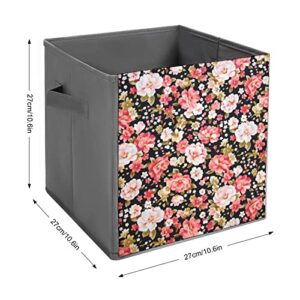 Red and Pink Floral PU Leather Collapsible Storage Bins Canvas Cube Organizer Basket with Handles