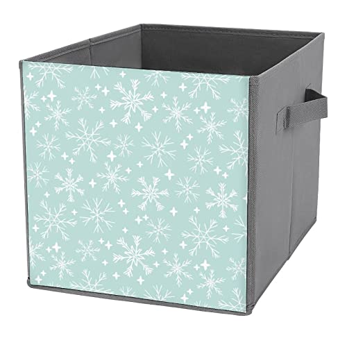 Mint Cute Winter Snowflake PU Leather Collapsible Storage Bins Canvas Cube Organizer Basket with Handles