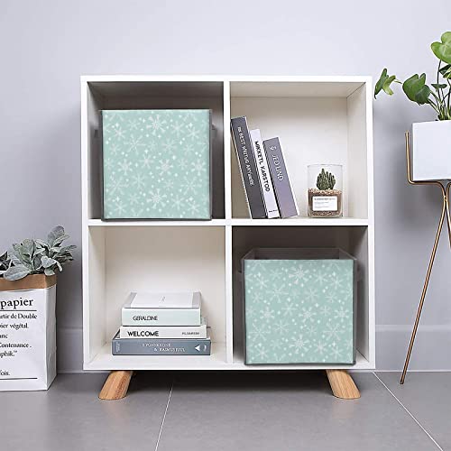 Mint Cute Winter Snowflake PU Leather Collapsible Storage Bins Canvas Cube Organizer Basket with Handles