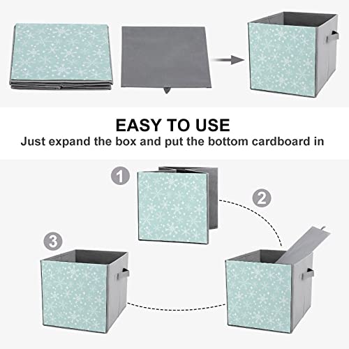 Mint Cute Winter Snowflake PU Leather Collapsible Storage Bins Canvas Cube Organizer Basket with Handles