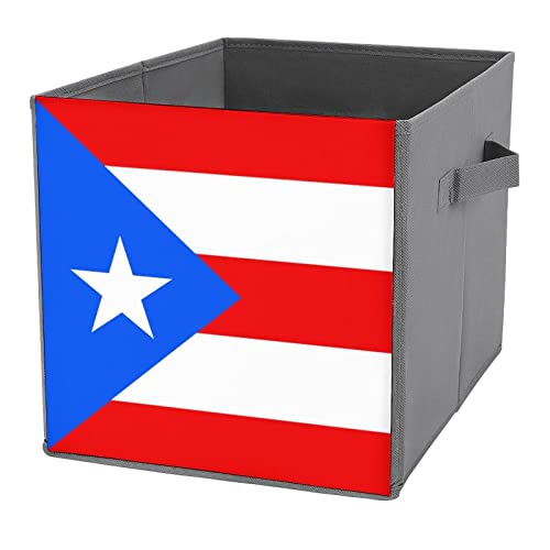 Puerto Rico Flag PU Leather Collapsible Storage Bins Canvas Cube Organizer Basket with Handles