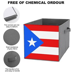 Puerto Rico Flag PU Leather Collapsible Storage Bins Canvas Cube Organizer Basket with Handles