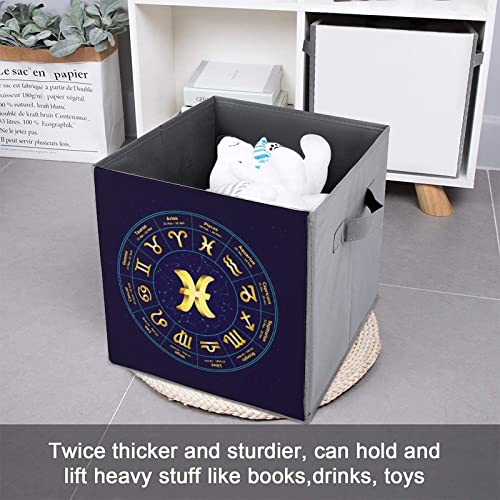 Pisces in Circle PU Leather Collapsible Storage Bins Canvas Cube Organizer Basket with Handles