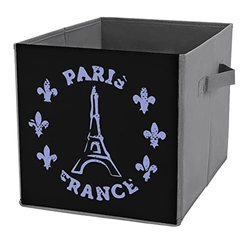 Paris Eiffel Tower PU Leather Collapsible Storage Bins Canvas Cube Organizer Basket with Handles