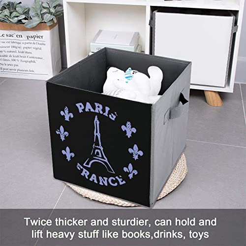 Paris Eiffel Tower PU Leather Collapsible Storage Bins Canvas Cube Organizer Basket with Handles