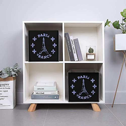 Paris Eiffel Tower PU Leather Collapsible Storage Bins Canvas Cube Organizer Basket with Handles