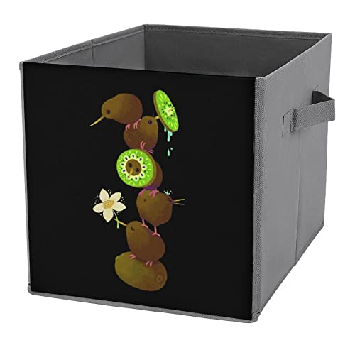 Cute Kiwi Bird PU Leather Collapsible Storage Bins Canvas Cube Organizer Basket with Handles