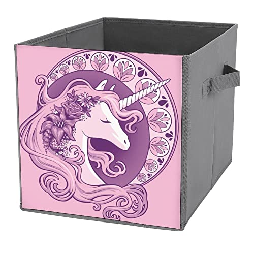 Pink Unicorn Sleep PU Leather Collapsible Storage Bins Canvas Cube Organizer Basket with Handles