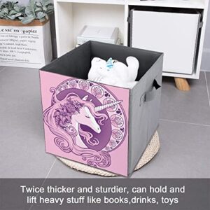 Pink Unicorn Sleep PU Leather Collapsible Storage Bins Canvas Cube Organizer Basket with Handles