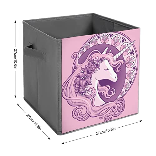 Pink Unicorn Sleep PU Leather Collapsible Storage Bins Canvas Cube Organizer Basket with Handles