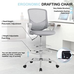 OLIXIS Ergonomic Tall Height Standing Mesh Desk Drafting Stool with Adjustable Foot Ring Computer Chair with Armrests for Home Office, Grey, Black