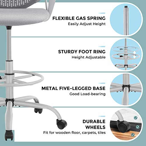 OLIXIS Ergonomic Tall Height Standing Mesh Desk Drafting Stool with Adjustable Foot Ring Computer Chair with Armrests for Home Office, Grey, Black