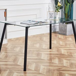 Glass Dining Table for 4-6 with Clear Rectangular Glass Top, 51 inch Modern Tempered Glass Kitchen Table with 4 Coated Metal Legs, 0.31" Thick Tabletop for Home Office Kitchen Dining Room, Black