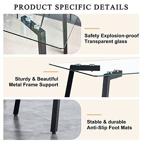 Glass Dining Table for 4-6 with Clear Rectangular Glass Top, 51 inch Modern Tempered Glass Kitchen Table with 4 Coated Metal Legs, 0.31" Thick Tabletop for Home Office Kitchen Dining Room, Black