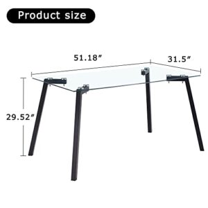 Glass Dining Table for 4-6 with Clear Rectangular Glass Top, 51 inch Modern Tempered Glass Kitchen Table with 4 Coated Metal Legs, 0.31" Thick Tabletop for Home Office Kitchen Dining Room, Black