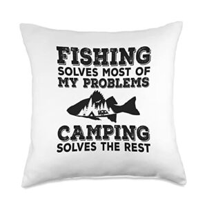 funny fishing camping lover design fishing camping solves problems funny fisher camper throw pillow, 18x18, multicolor