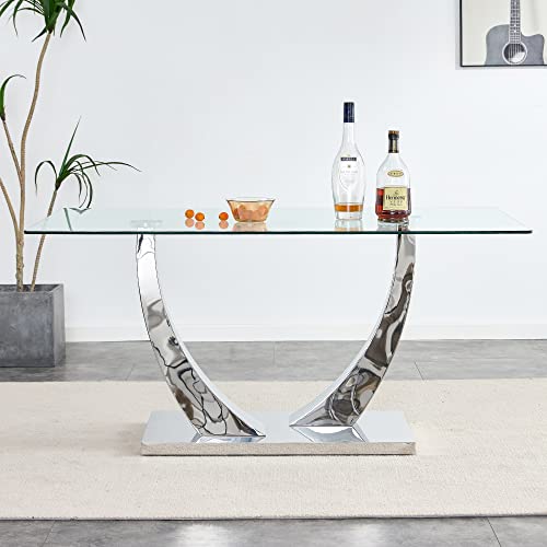 62.8" Rectangular Glass Dining Table for 4-6 with 0.39" Tempered Glass and Silver Chrome Metal Special-Shaped Bracket, for Kitchen Dining Living Meeting Room Banquet Hall