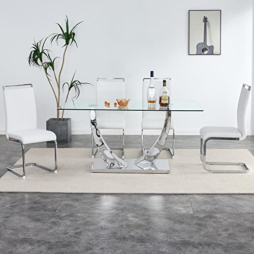 62.8" Rectangular Glass Dining Table for 4-6 with 0.39" Tempered Glass and Silver Chrome Metal Special-Shaped Bracket, for Kitchen Dining Living Meeting Room Banquet Hall