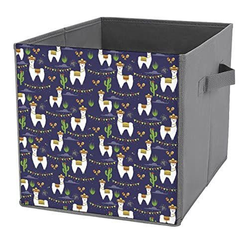 Llama Cactus Foldable Storage Bins Printd Fabric Cube Baskets Boxes with Handles for Clothes Toys, 11x11x11