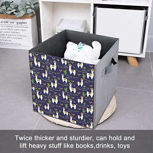 Llama Cactus Foldable Storage Bins Printd Fabric Cube Baskets Boxes with Handles for Clothes Toys, 11x11x11